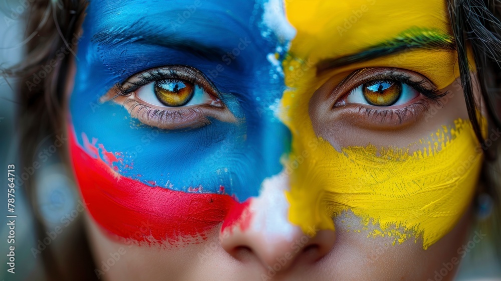 beautiful woman with her face painted with the flag of Colombia in high ...