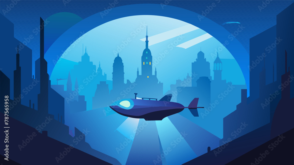 In the distance a glowing blue submarine emerges from a hidden ...