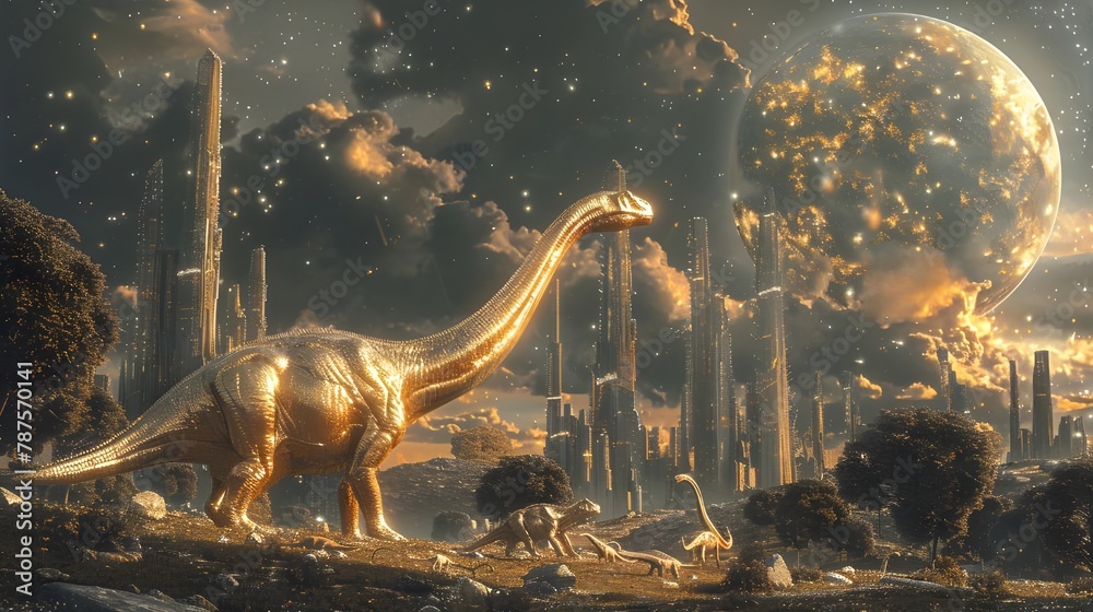 Dinosaur planet, futuristic city background, fantasy landscape, moon ...