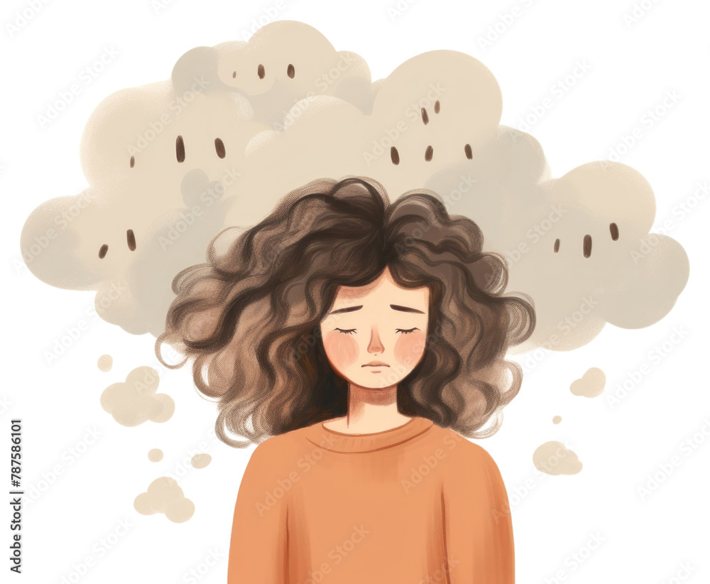 PNG A sad woman with messy cloud over her head portrait cartoon drawing ...