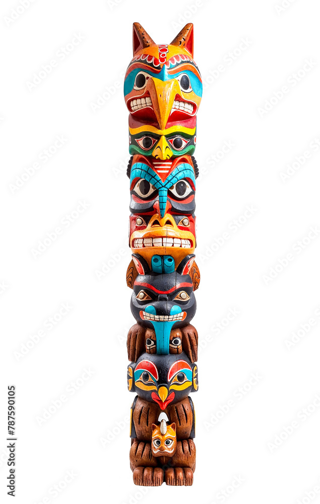 totem indien en bois représentant des animaux colorés - fond blanc ...