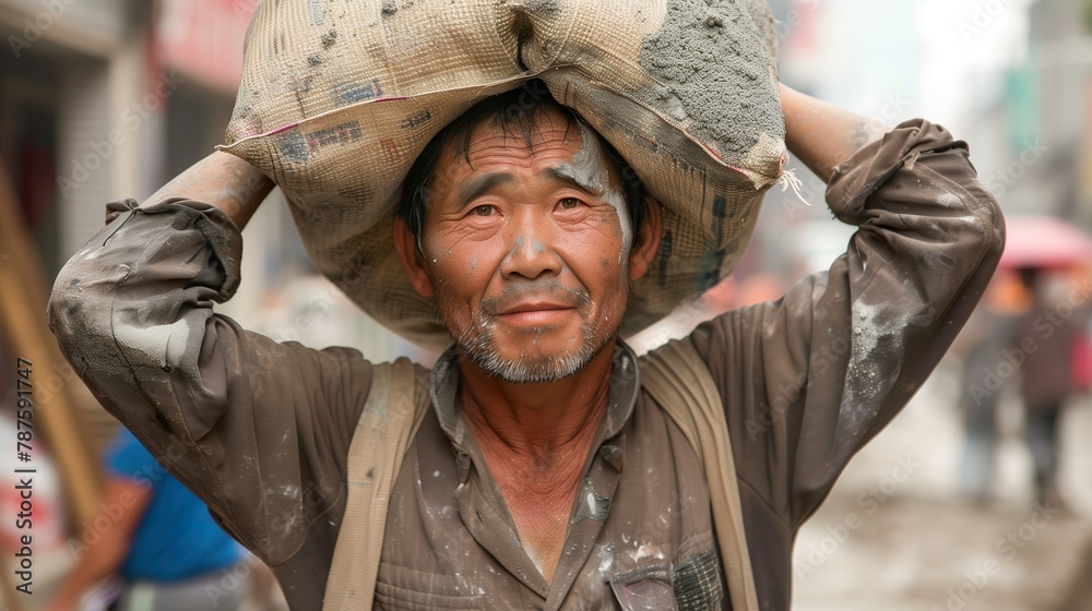 A middle-aged Chinese laborer wearing a tattered and dirty half-sleeved ...