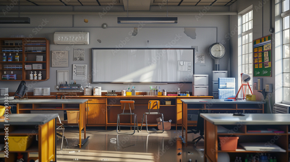 A classroom with science lab stations, an empty whiteboard, and safety ...