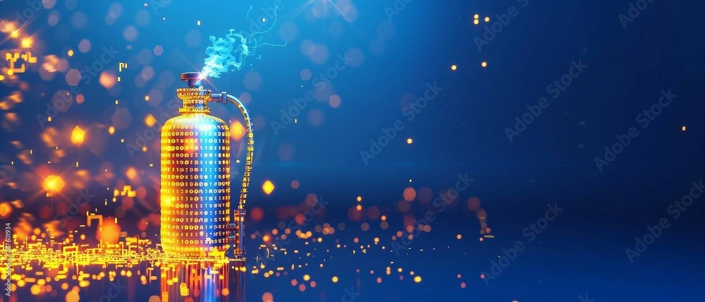 digital smart yellow fire extinguisher with glowing binary code digits ...