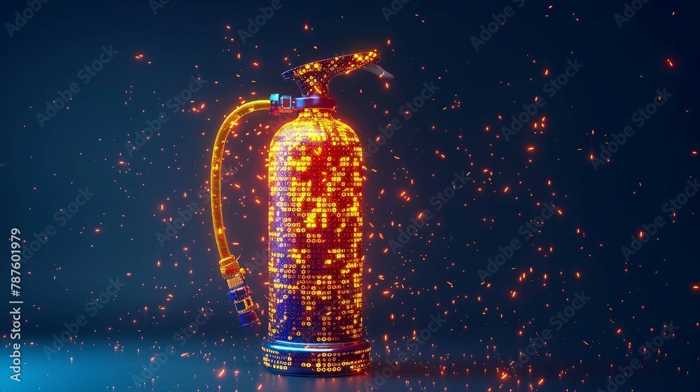 digital smart yellow fire extinguisher with glowing binary code digits ...