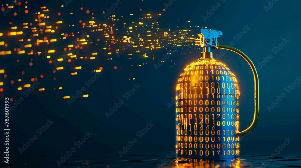 digital smart yellow fire extinguisher with glowing binary code digits ...