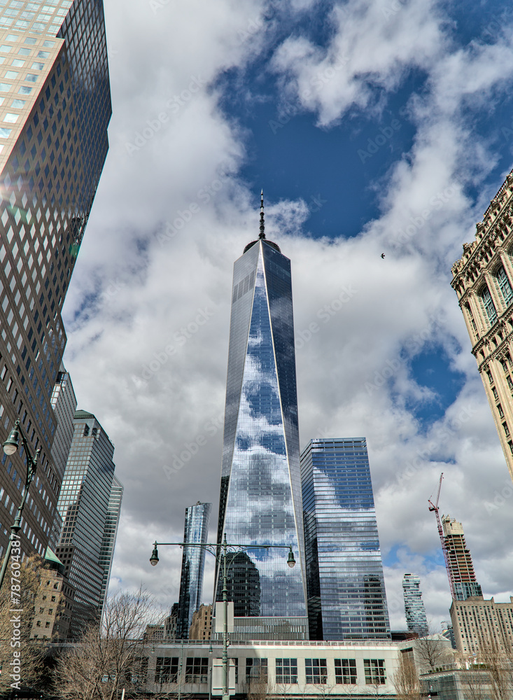 downtown manhattan skyline view (wide angle photo with one world trade ...