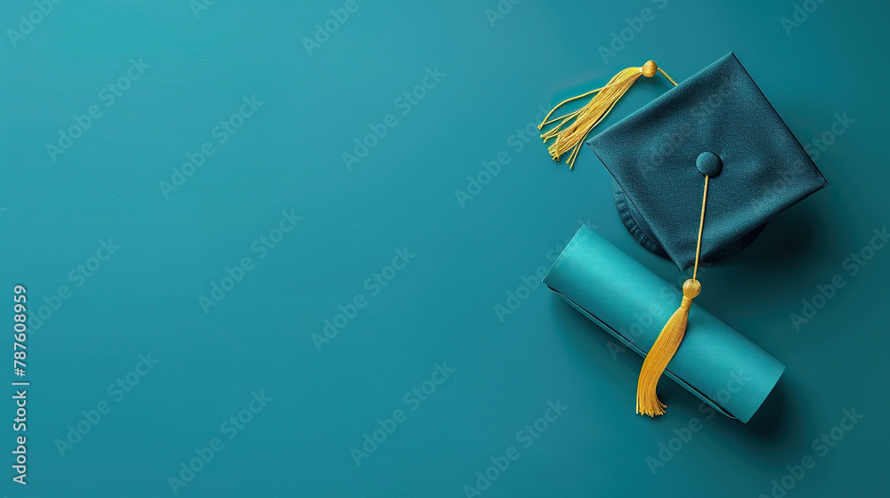 graduation cap or hat with degree on blue background , convocation day ...