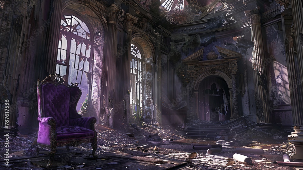 A post-apocalyptic throne room, where a Baroque throne sits amidst the ...
