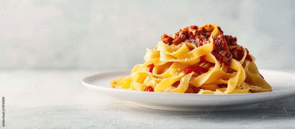 Consuming pasta. Tagliatelle made from egg pasta topped with bolognese ...