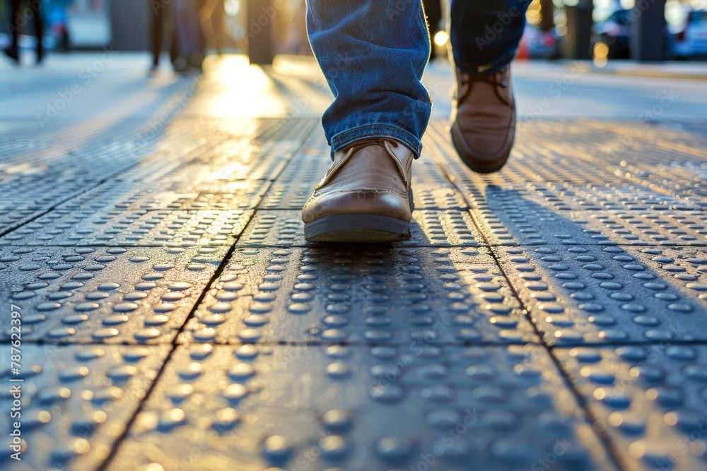 Blind pedestrian using tactile paving to navigate independently Stock ...