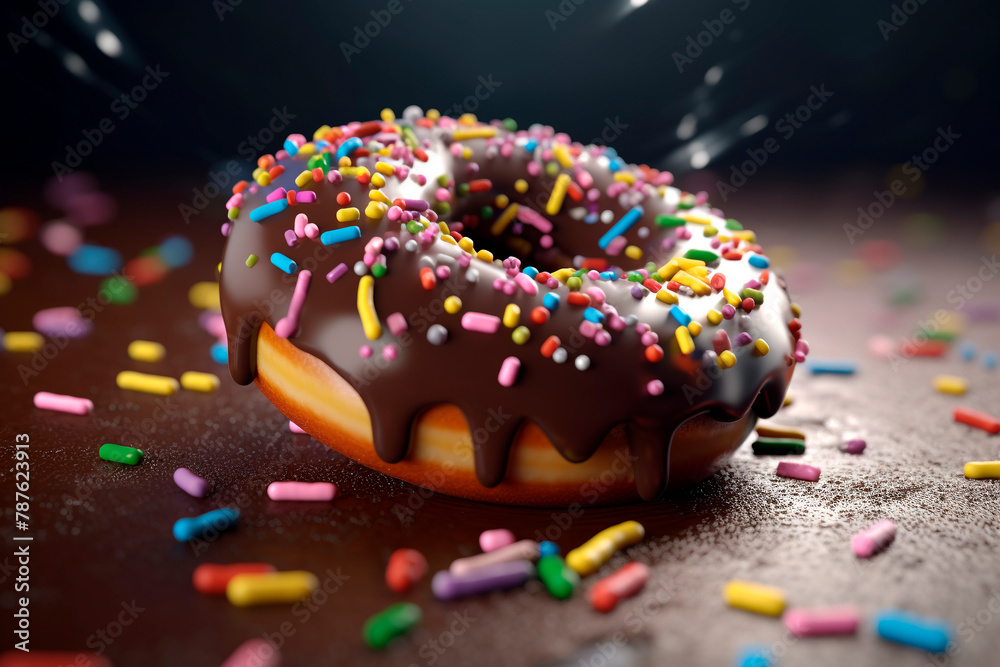 Festive donut. Sweet splash. Chocolate doughnut with glaze and colored ...