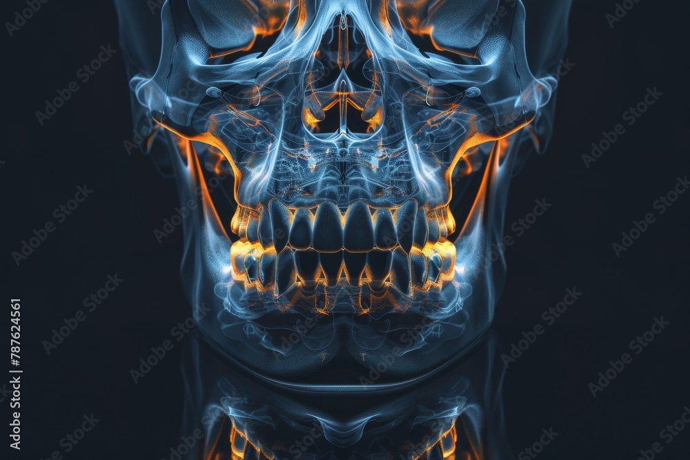 Blue x ray image of man s jaw and skull with orange glow on black ...