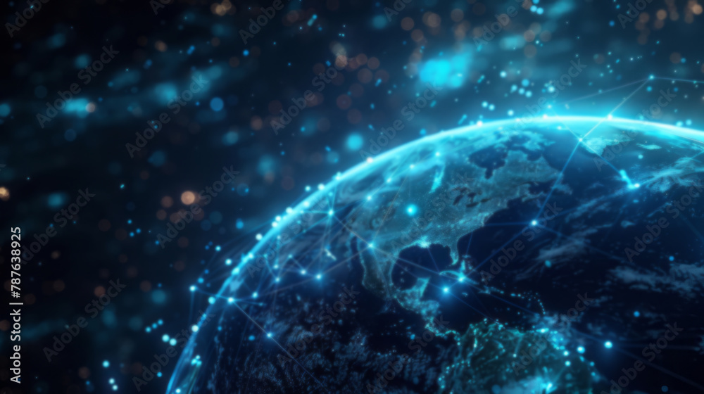 An animated earth with blue lights in a style that merges grid ...