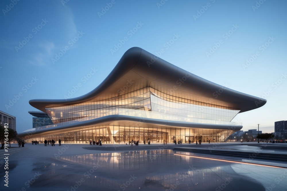 Low-Lying Civic Center with Extensive Overhangs, Featuring Modern ...