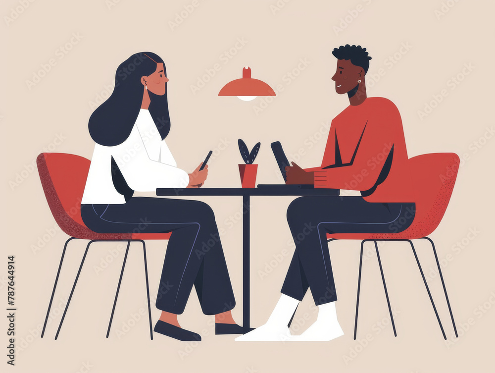 Two people sitting across from each other at a table, engaged in ...