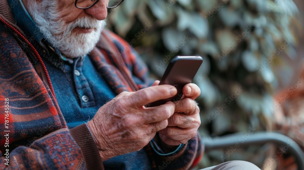 Elderly man using a banking app on his smartphone to manage his ...