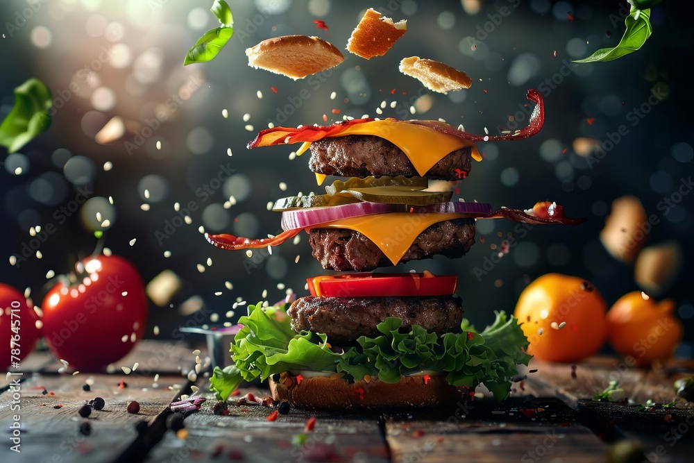 deconstructed double cheeseburger with exploding ingredients flying bun ...
