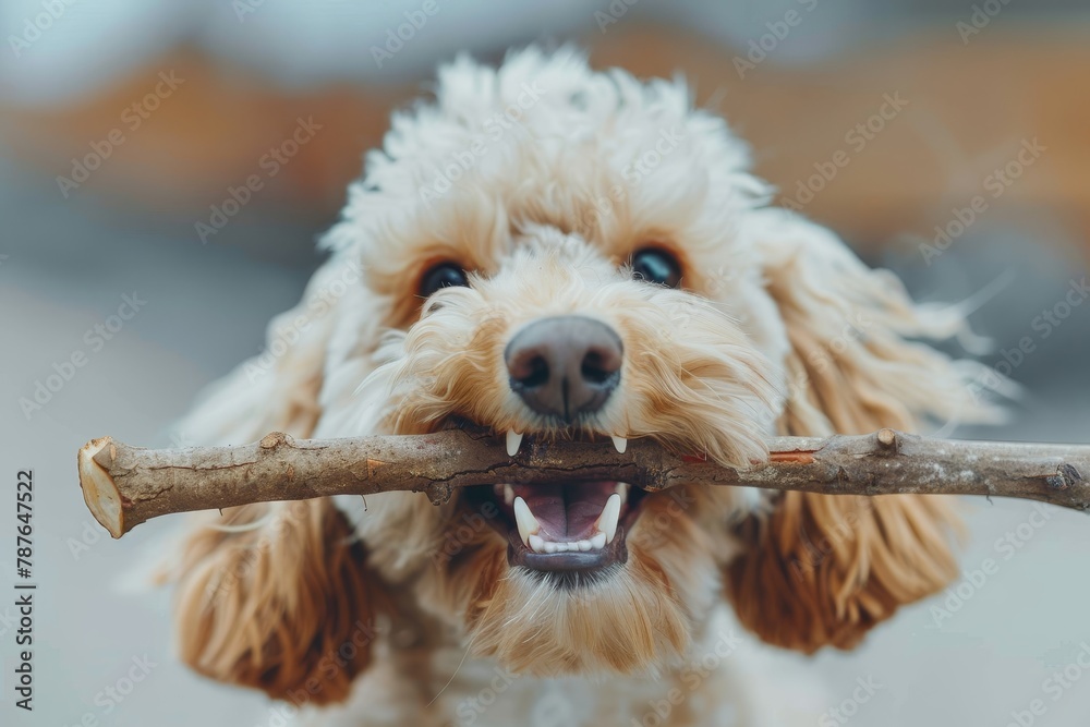 Labradoodle dog happily chewing on a dental bone with a stick nearby ...