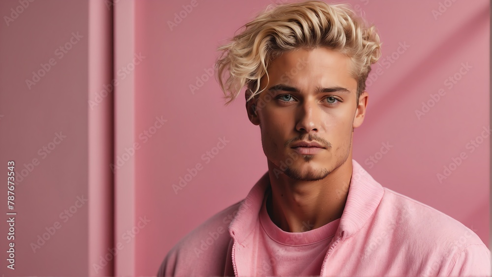 Blonde Guy Pink Theme Fashion Generation Z Influencer Posing For Ad Product Promotion From