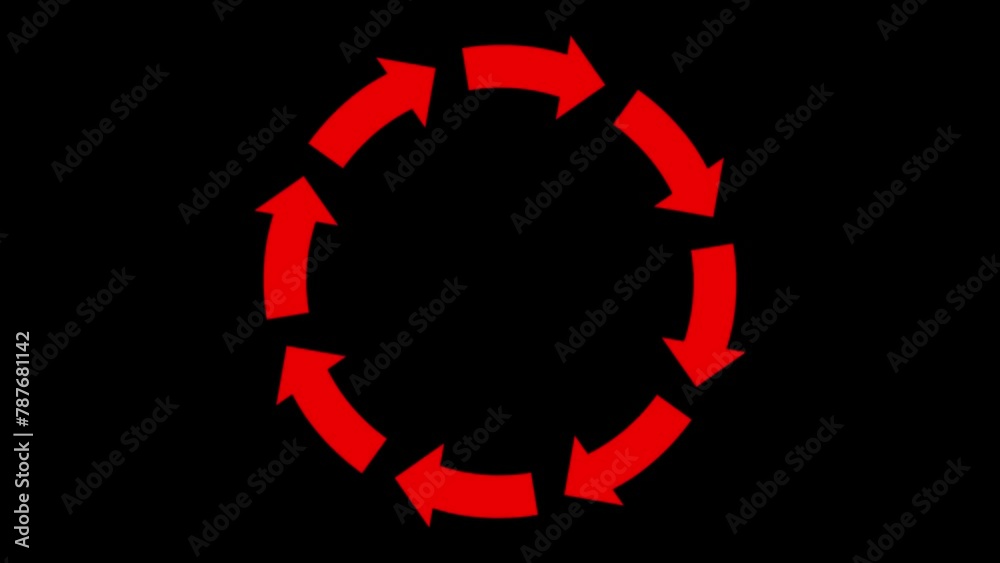Recycling symbol or rotating cycle on black screen. Eight red arrows ...