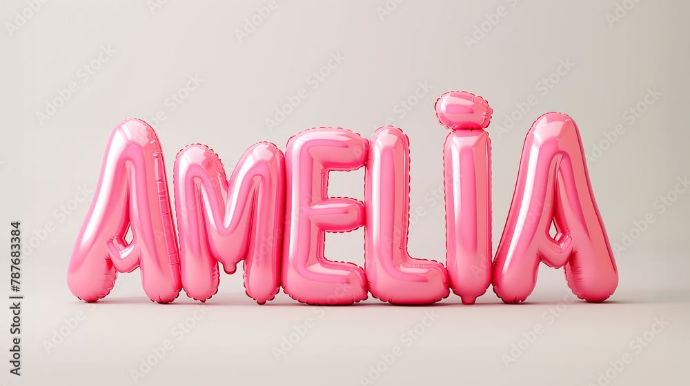 Amelia name written in glossy pink 3D inflated text on white background ...