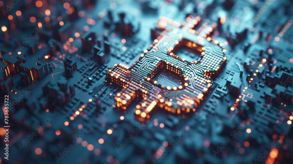 A bitcoin digital currency symbol stands against a blue background ...