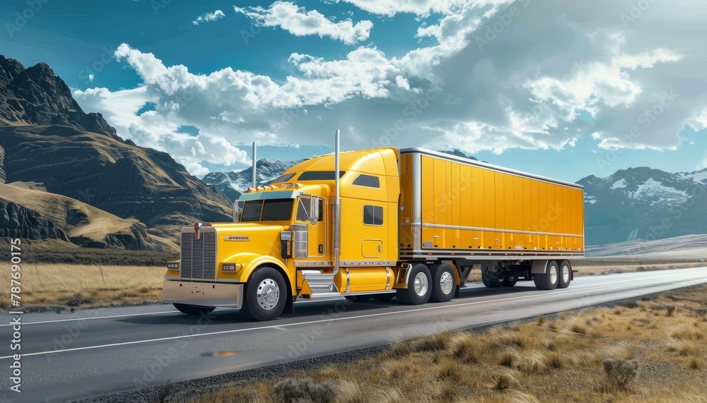 Yellow big rig semi truck transporting cargo in refrigerated trailer on ...