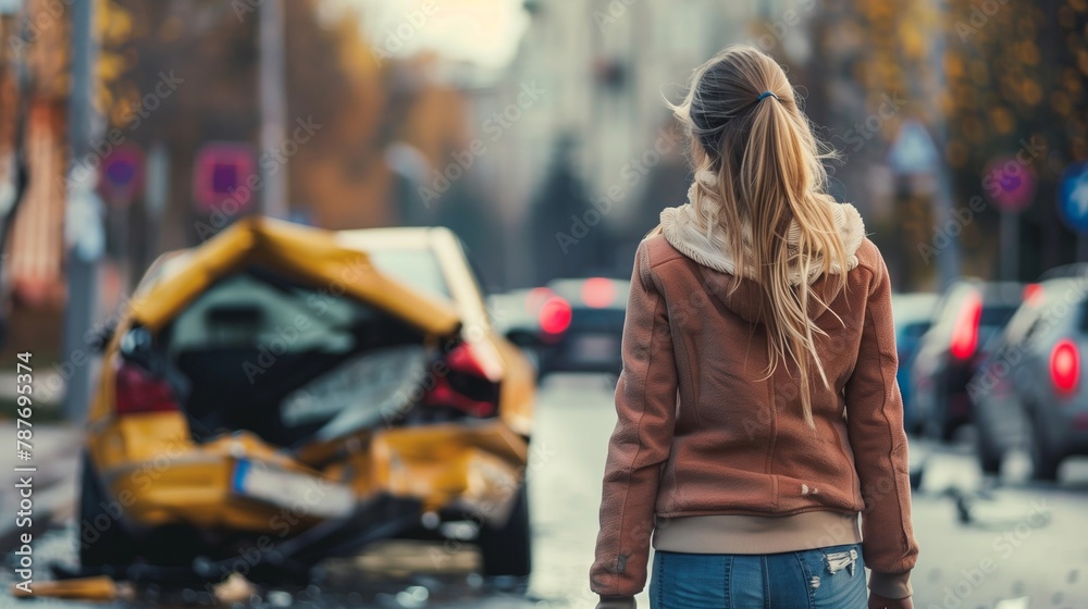 Woman Walking Away from a Car Crash Site - Car Insurance Claim, Road ...