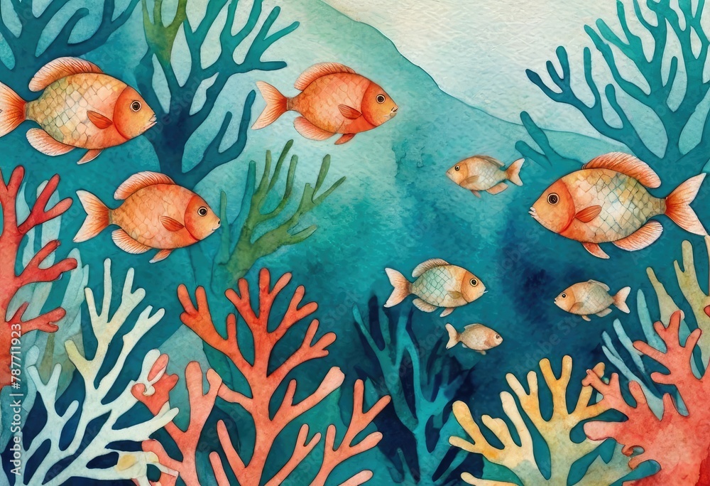 pattern of fish in different shades of teal, overlaid with a stylish ...