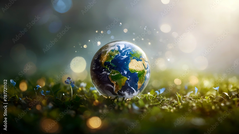 Small planet earth marble on top of grass and bokeh background (Earth ...