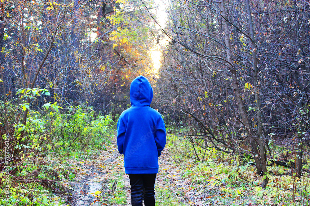 The little girl is walking. The child is alone in the forest. The girl ...