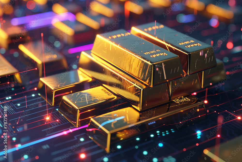 gold bars stack on Visualize sales data with digital graphs. Stock ...