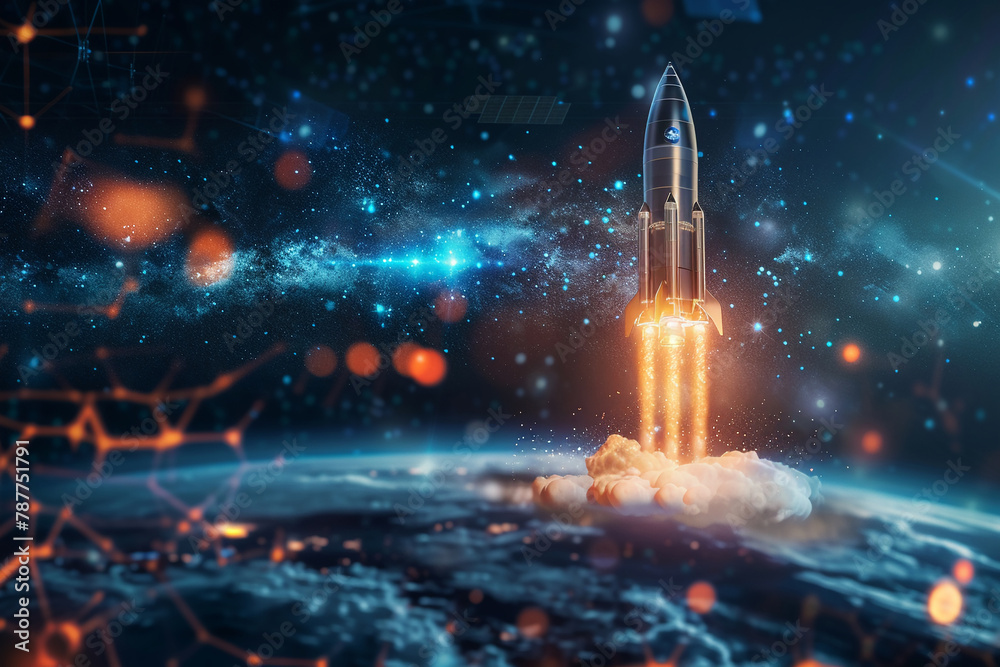 Rocket rising into space and Analyze digital charts for customer ...