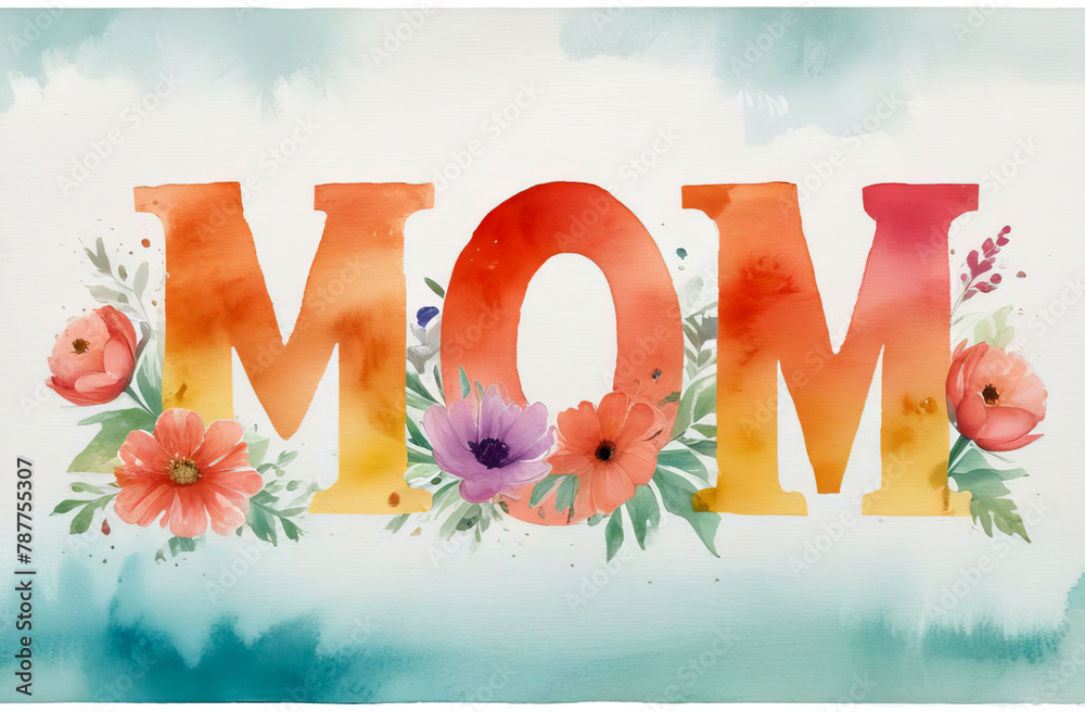 watercolor word 'Mom' with exquisite floral designs that create an ...