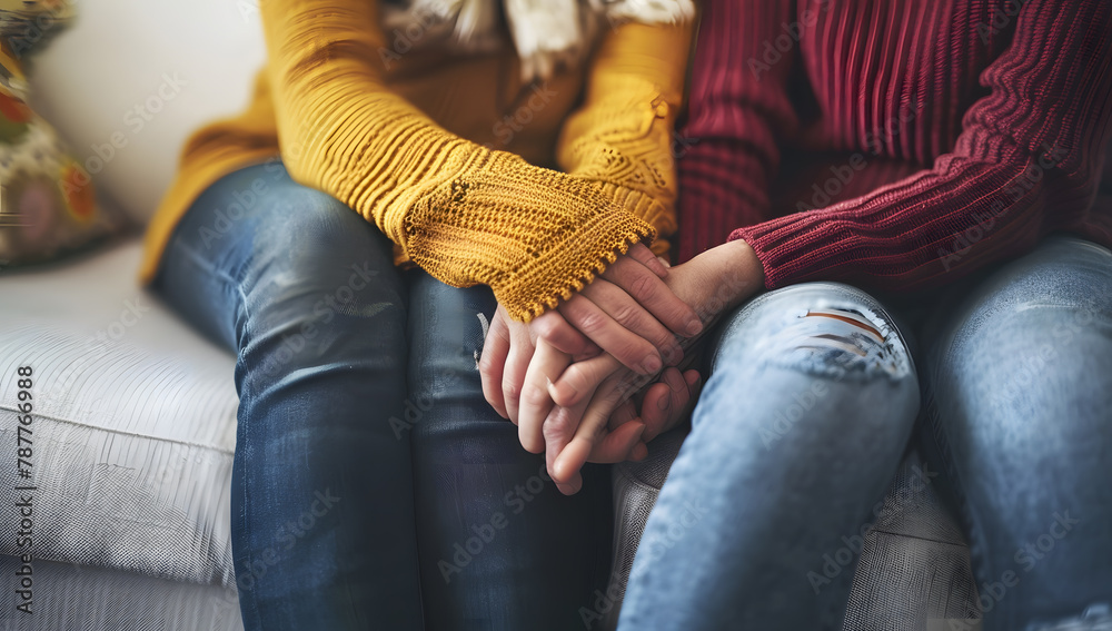 Couple hold hand support each while discussing family issues with ...