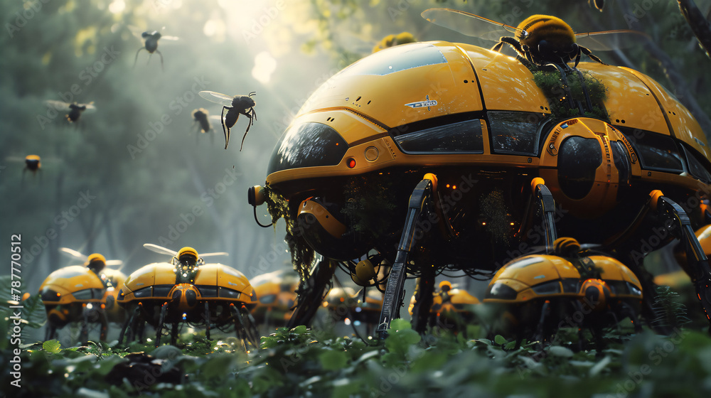 A swarm of advanced robotic bees emerges from the undergrowth, a ...