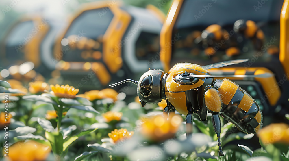 Robotic bee as it meticulously pollinates marigold flowers, embodying ...