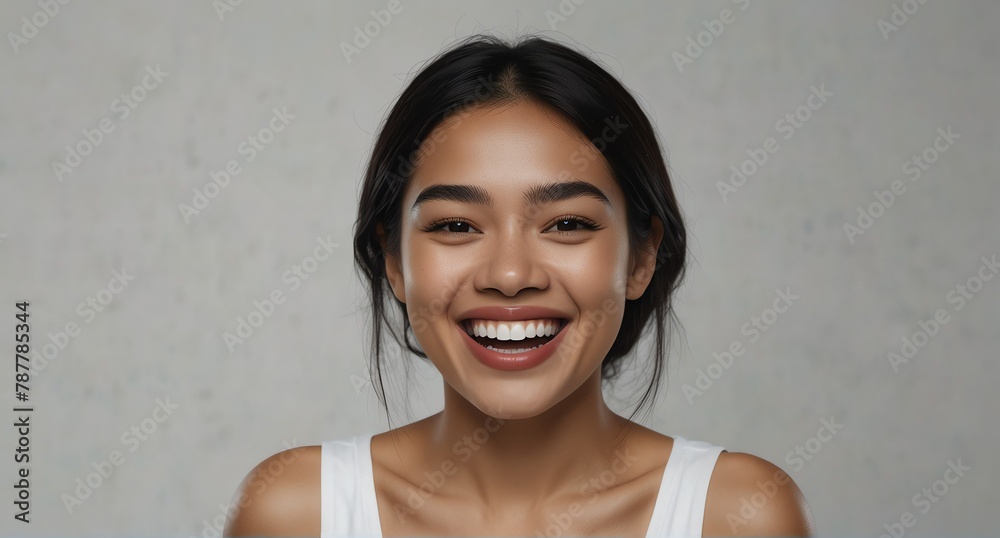 young filipino woman on plain bright white background laughing ...