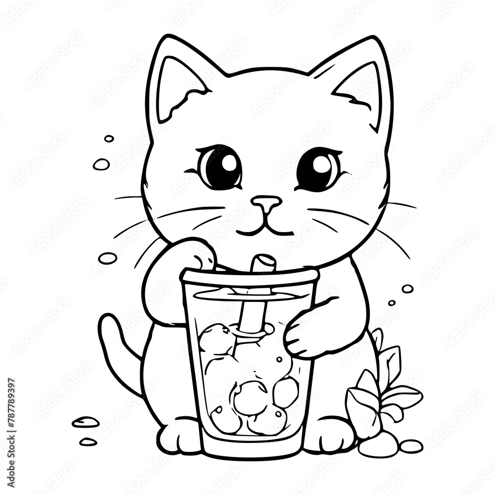Cute cat drinking boba outline doodle cartoon illustration. Bold and ...