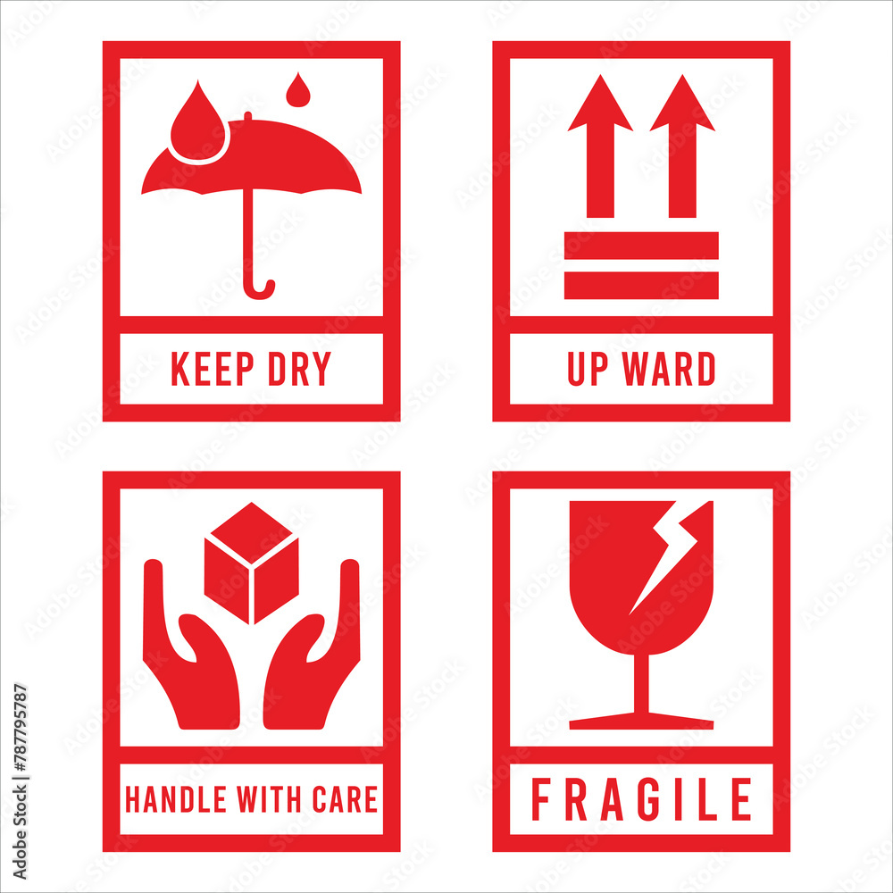 Fragile package icons set, handle with care logistics and delivery shipping labels. Fragile box ...