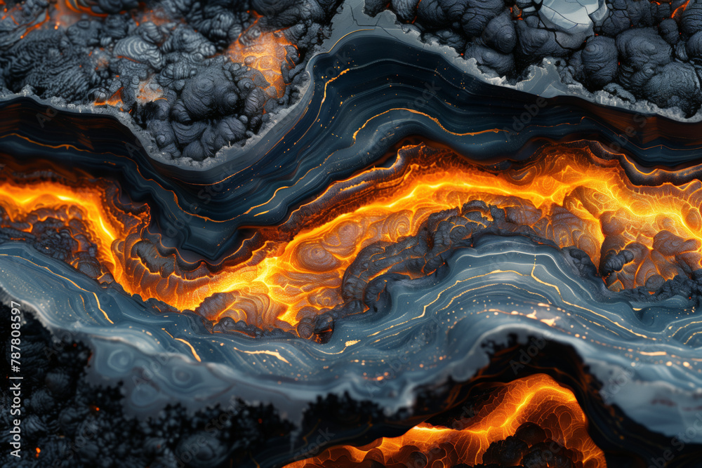 Volcanic eruption detail with molten lava and ash layers natural ...