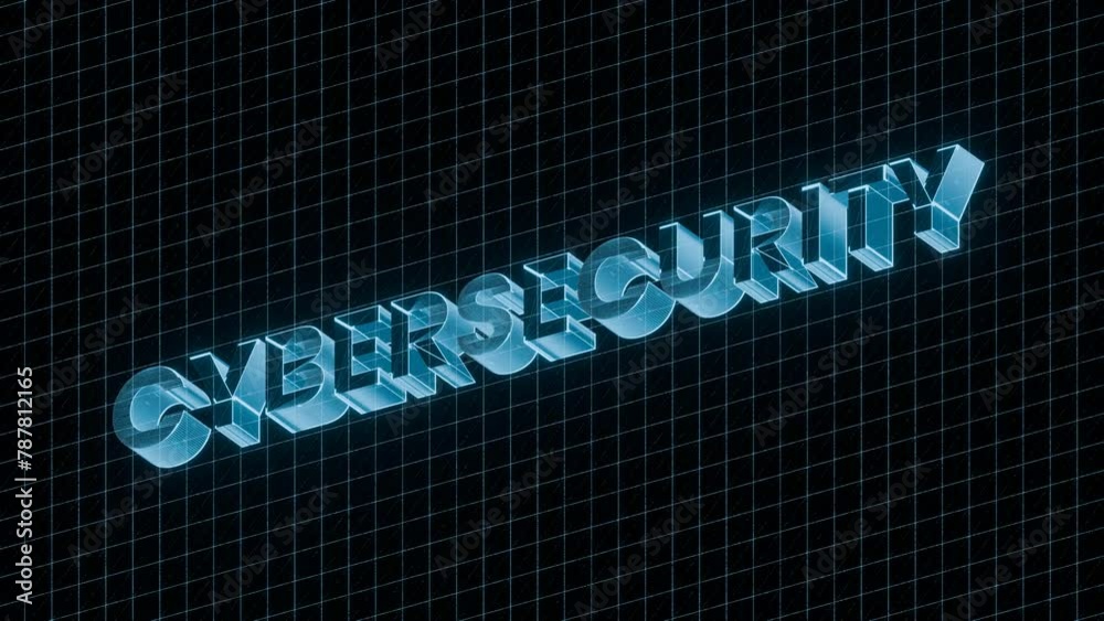 3D-rendered "CYBERSECURITY" text emerges against a futuristic grid ...