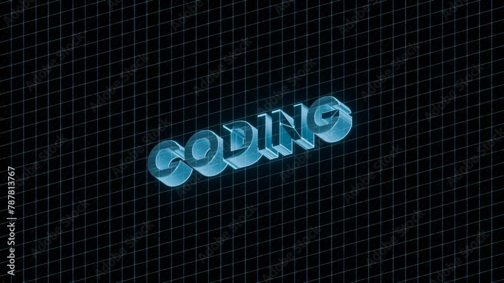3D-rendered "CODING" text emerges against a futuristic grid background ...