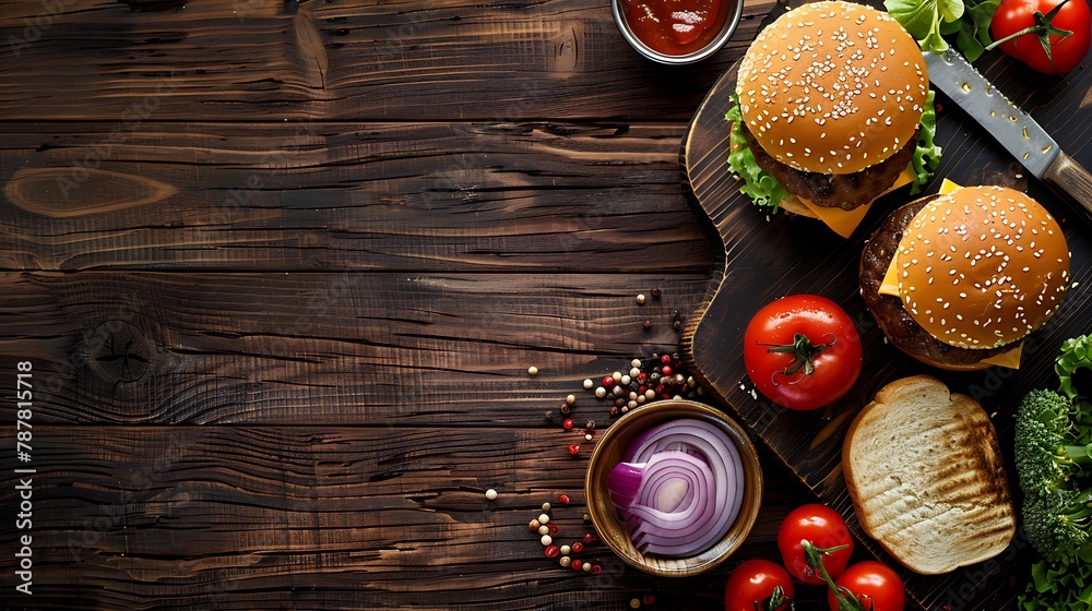 Bbq hamburger table scene top view over a dark wood background Stock ...