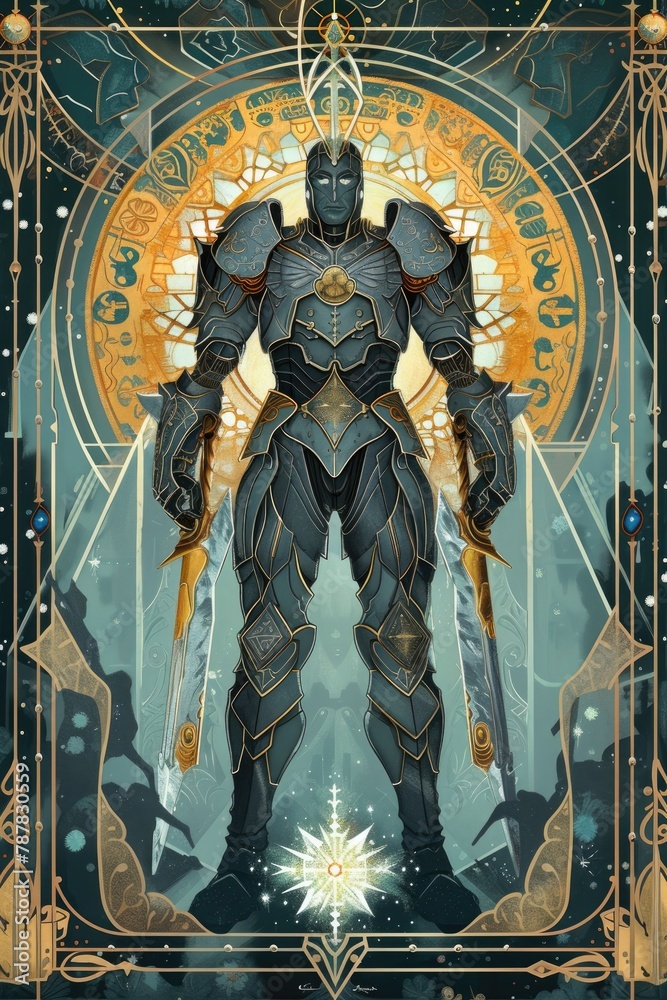 Celestial enforcer Tarot card design, merging cosmic power with sleek ...