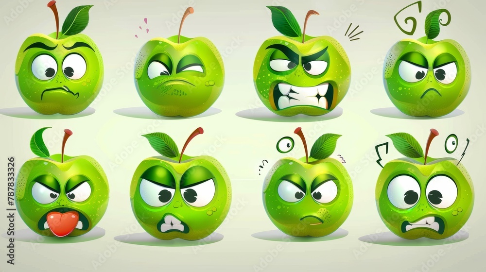 This modern illustration shows a cartoon character with a green apple ...