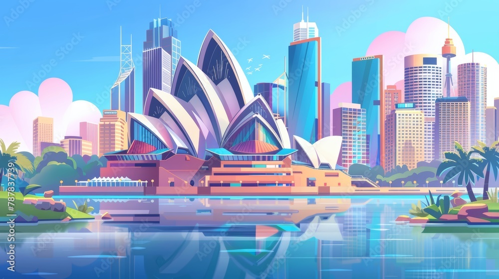 This modern cartoon illustration shows iconic Sydney landmarks, city ...