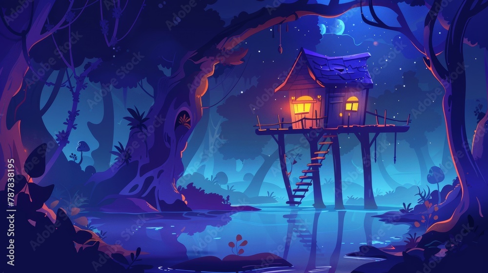 Old wooden shack with glow windows on piles in night forest. Witch hut ...