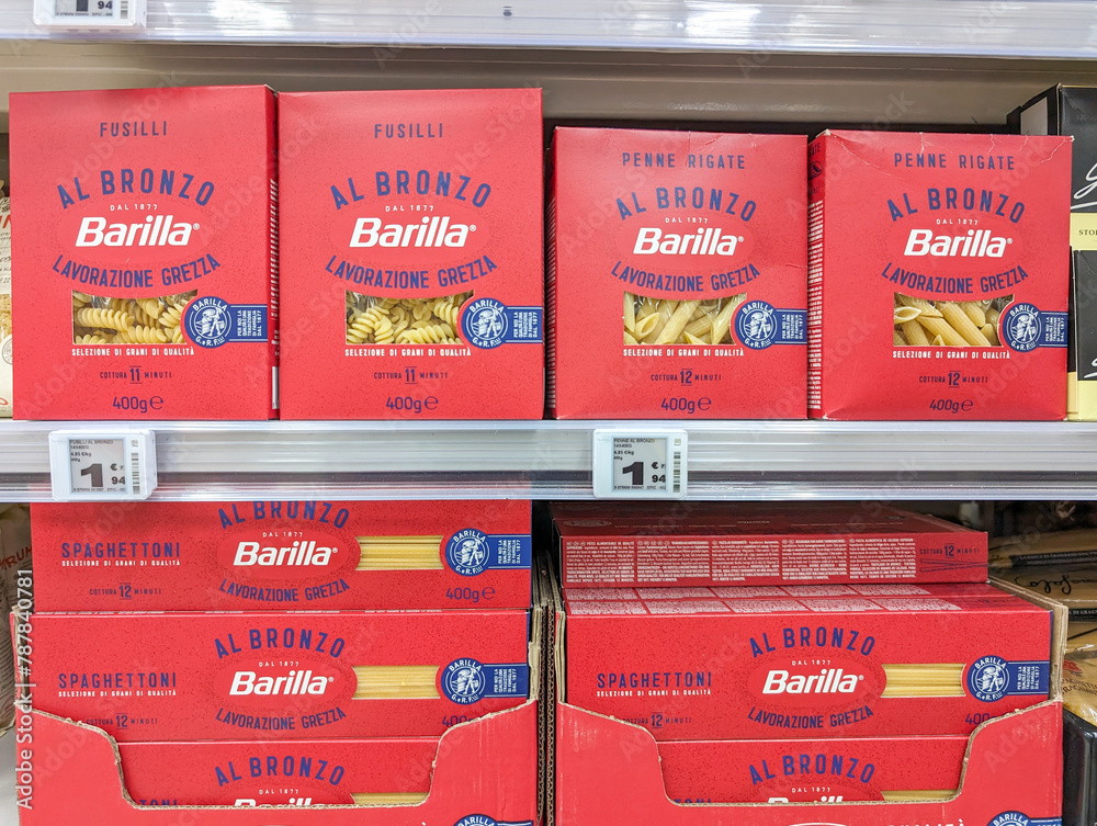 France, 11 March 2024: Supermarket Shelf with Barilla Pasta Boxes ...